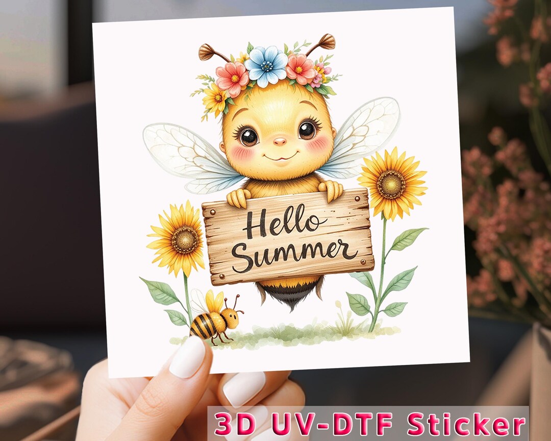 Hello Summer Bee UV DTF Transfer, Cute Bumblebee With Flowers, DTF Wrap ...
