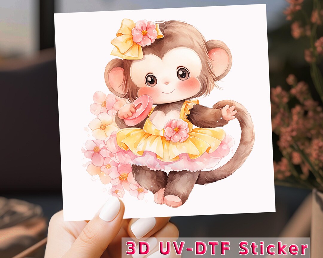 Cute Monkey Girl UV DTF, Floral Uv DTF Transfer, Uv Dtf Cup Wrap, Pink ...