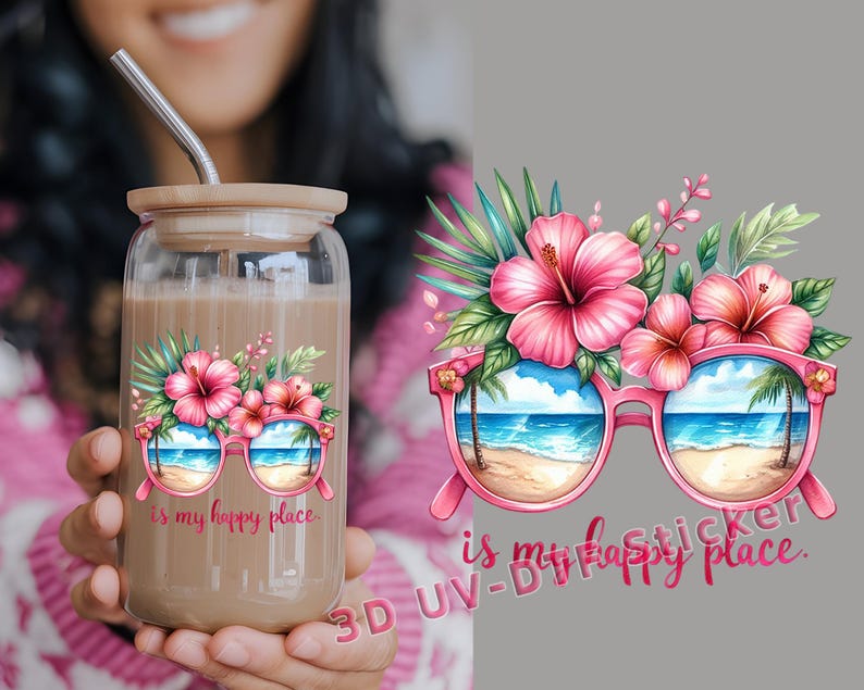 Tropical Sunglasses UV DTF Sticker, Pink Hibiscus Beach Wrap - Etsy
