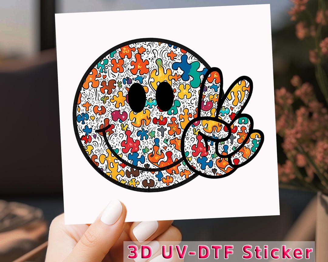 Autism Smiley Face UV DTF, Puzzle Piece Design, Support Awareness Decal ...