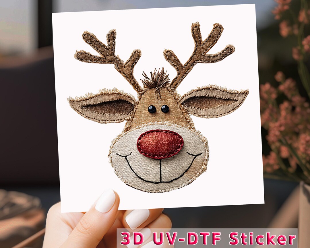 Reindeer Patch UV DTF Transfer: Rustic Reindeer Face With Stitched ...