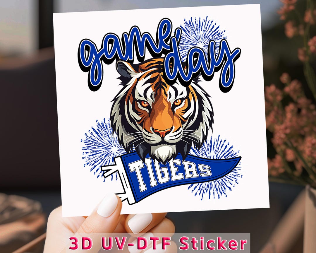 Game Day Tigers Mascot UV DTF Transfer: Blue Spirit Tiger Cheer Design ...