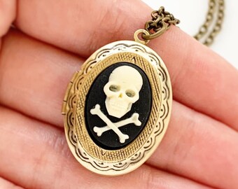 Choose Antiqued Silver or Bronze Skull Cameo Locket Hand Painted 2 ...