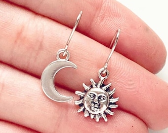 Asymmetrical Sun and Moon Earrings, Mismatched Earrings, Gold Moon Earrings, Sun Charm Earrings ...