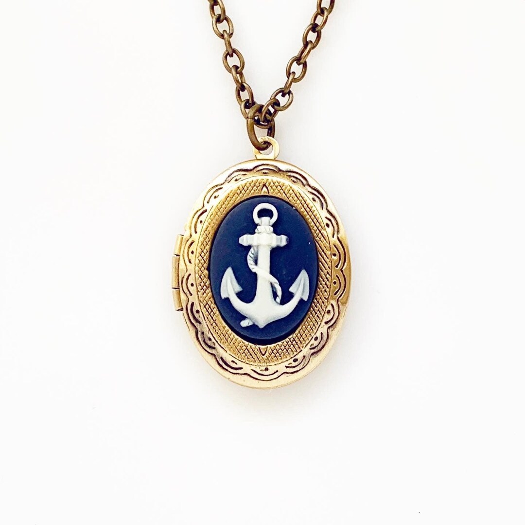 Anchor Locket Necklace Anchor Cameo Navy Locket Pendant - Etsy