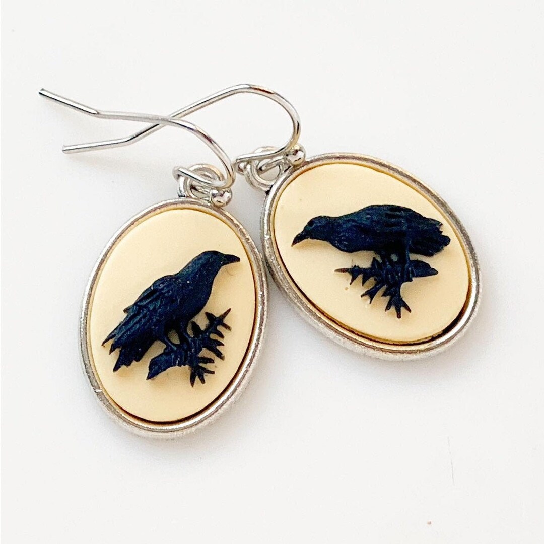 Raven Earrings Raven Crow Jewelry Gothic Cameo Earrings Edgar Allan Poe ...