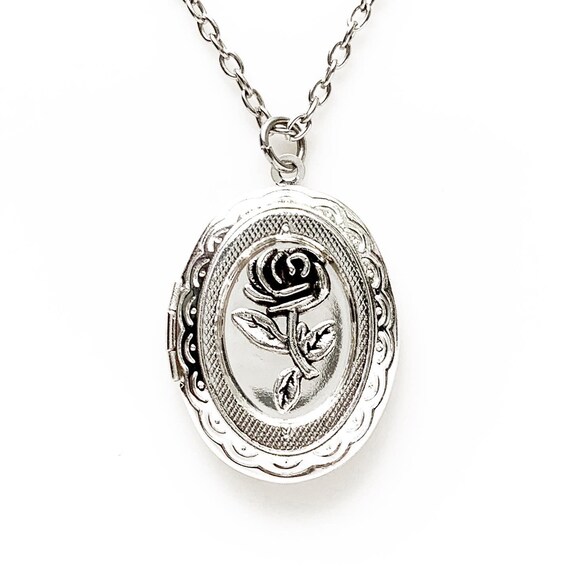 Rose Locket Necklace Silver Photo Locket Floral Jewelry - Etsy