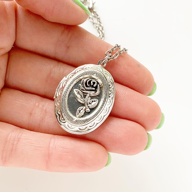 Rose Locket Necklace Silver Photo Locket Floral Jewelry - Etsy