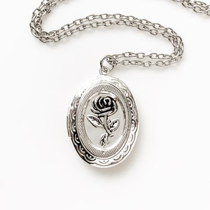 Rose Locket Necklace Silver Photo Locket Floral Jewelry - Etsy