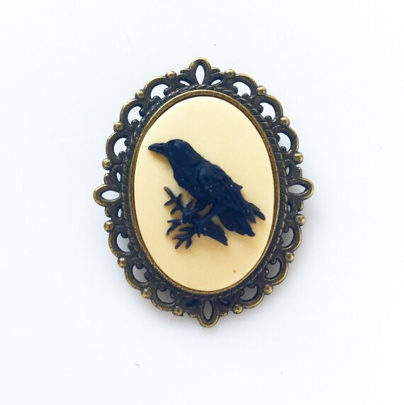 Raven Brooch Crow Pin Edgar Allan Poe Cameo Brooch Gothic Jewelry Etsy