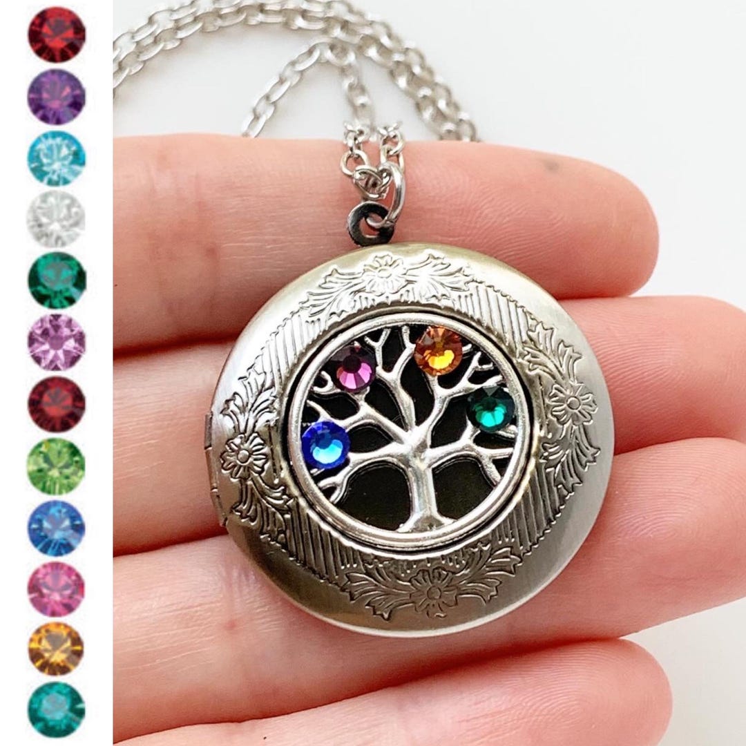 Birthstone Locket Necklace Mom Mothers Gift Family Tree Personalized ...