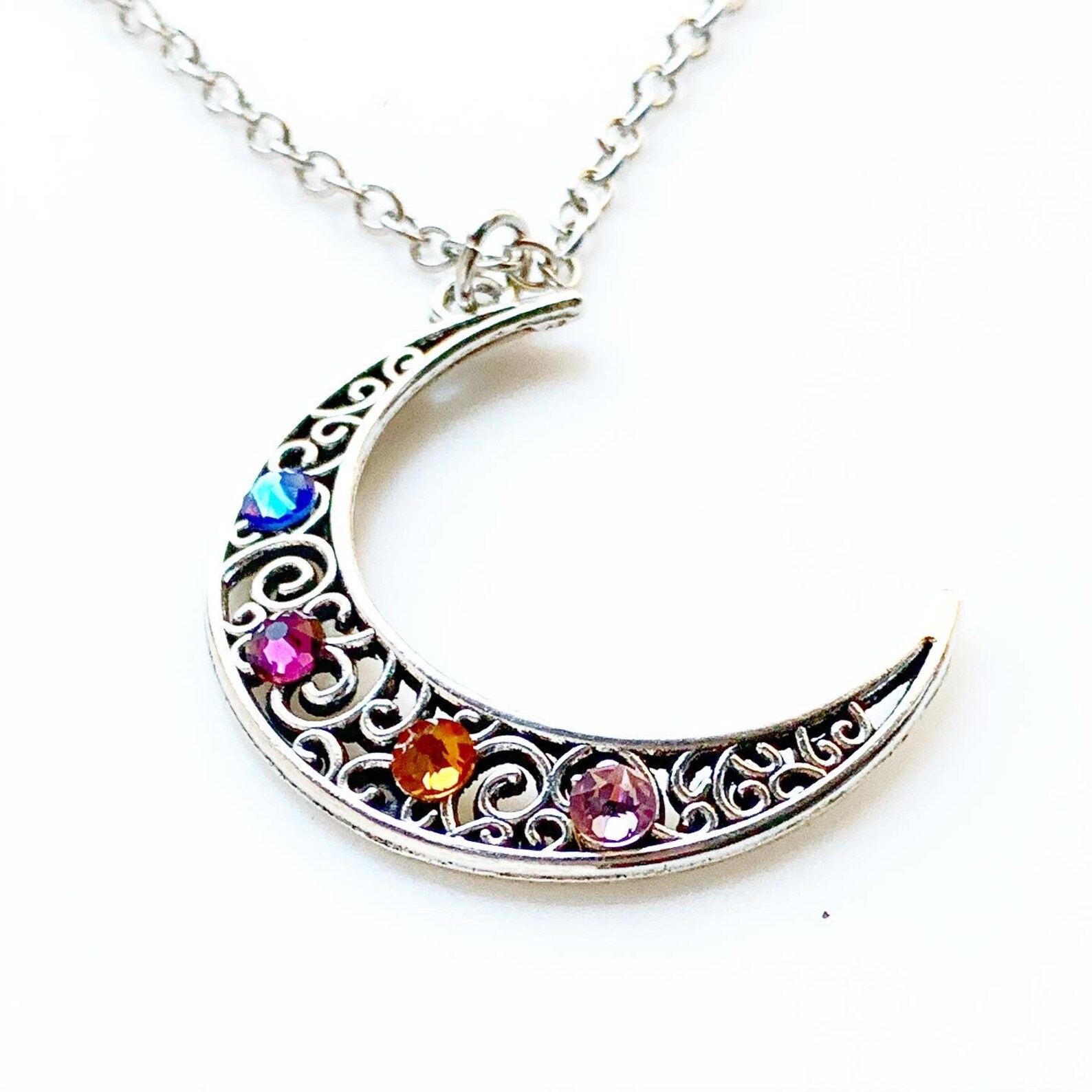 Birthstone Moon Necklace Pick 3 Birthstones Moon Pendant | Etsy