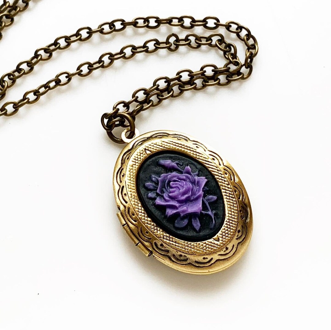 Rose Cameo Locket Necklace Purple and Black Rose Locket Pendant - Etsy