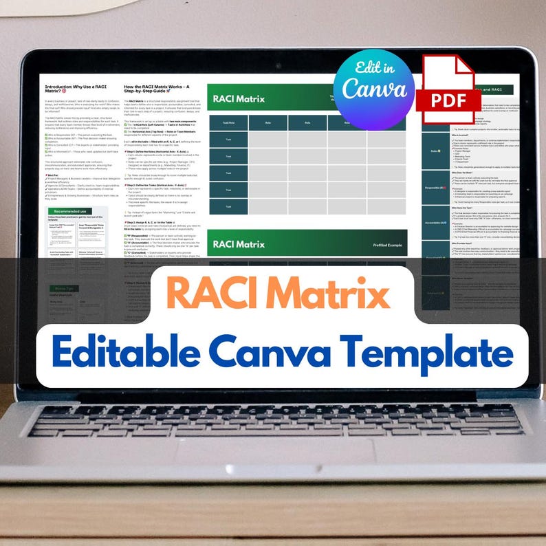 RACI Matrix Template | Project Management Tool | Editable in Canva | Team Workflow Organizer ...
