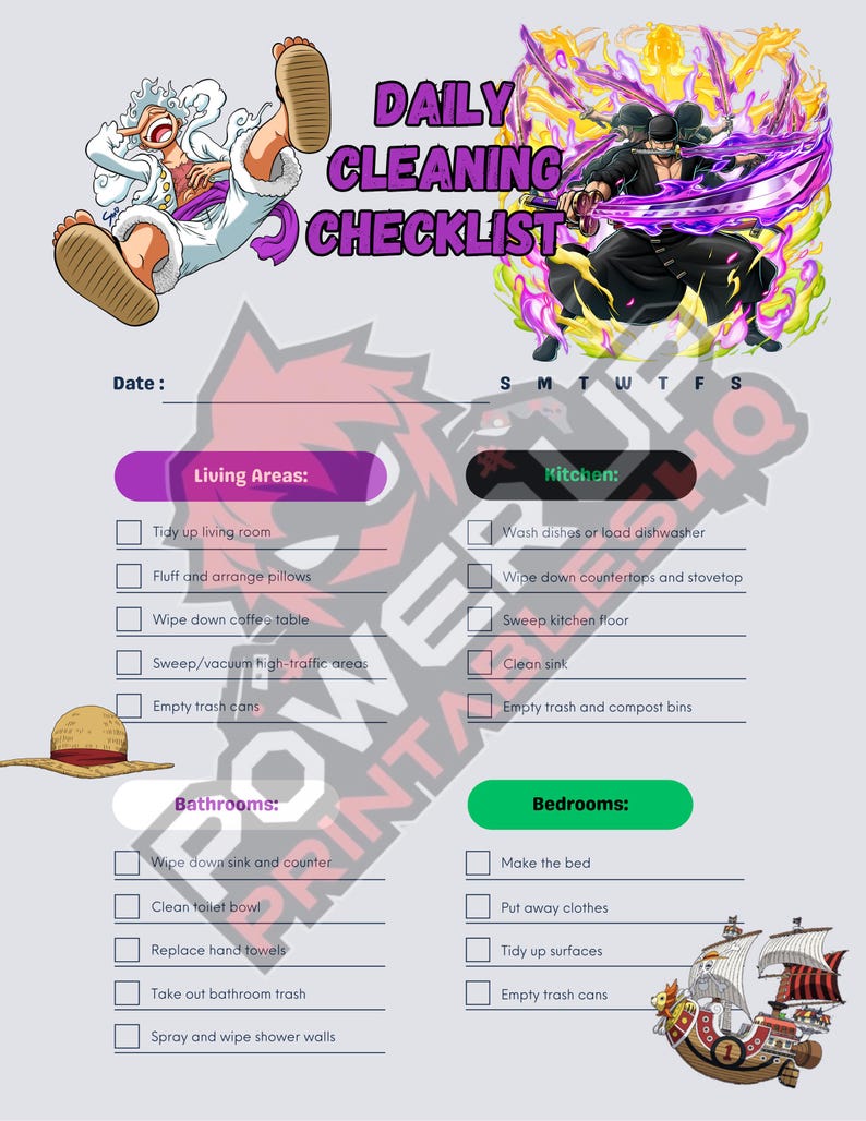 One Piece Cleaning Checklist | Printable and Digital Chore Chart for ...