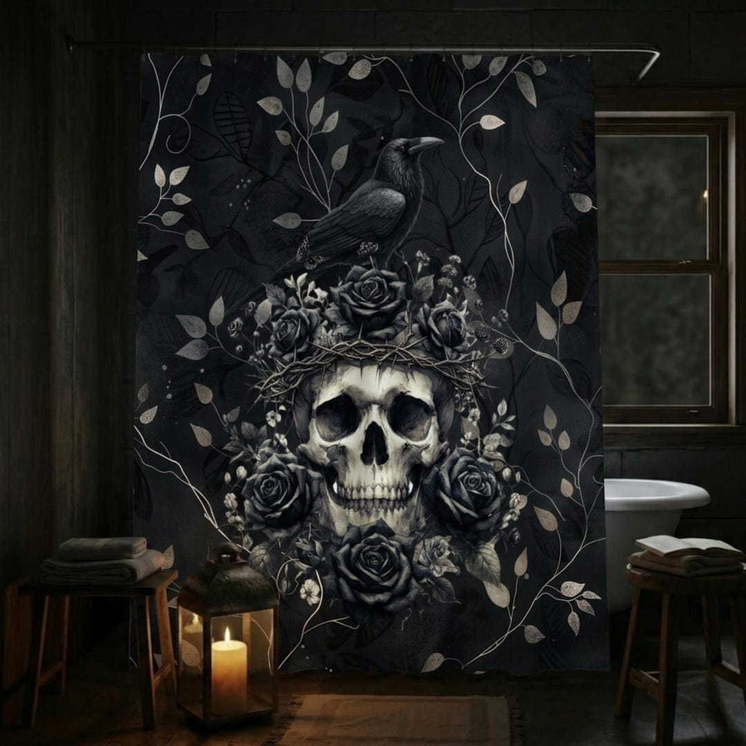 Gothic Skull Raven Shower Curtain, Dark Academia Floral Home Decor ...