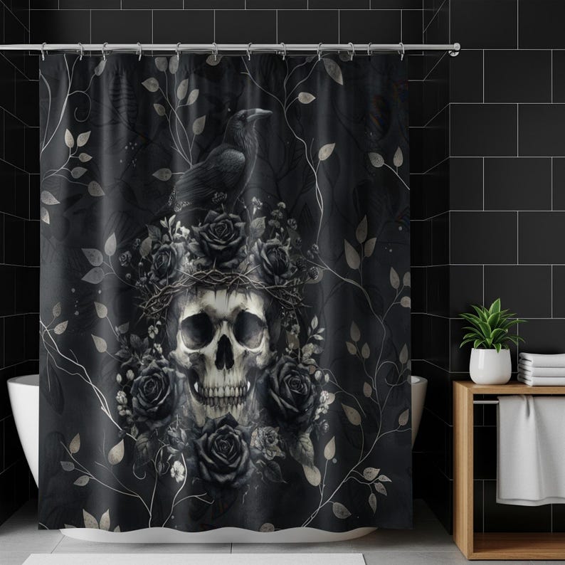 Gothic Skull Raven Shower Curtain, Dark Academia Floral Home Decor ...