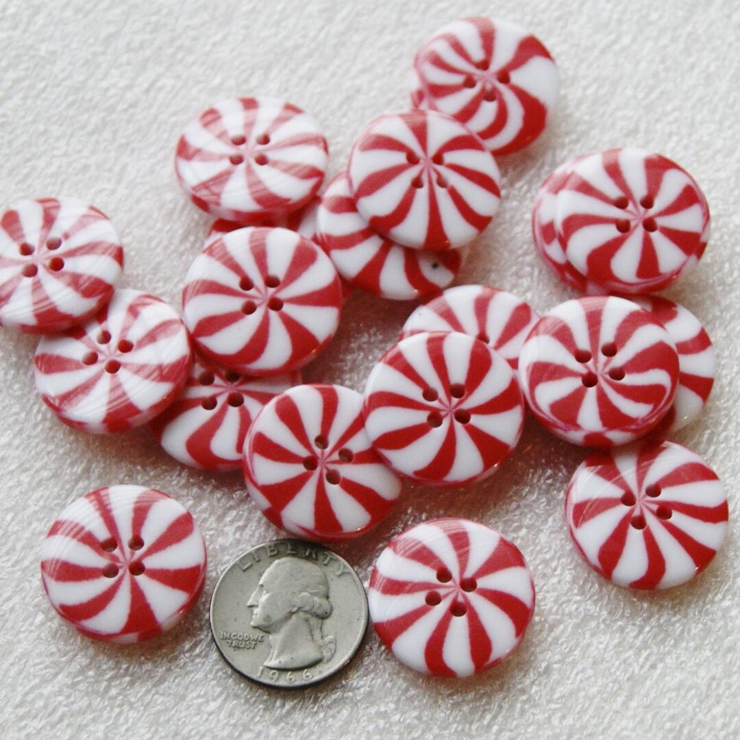 5 Buttons, 1" Red Peppermint Candy Matching Buttons, 4 Hole, Sewing ...
