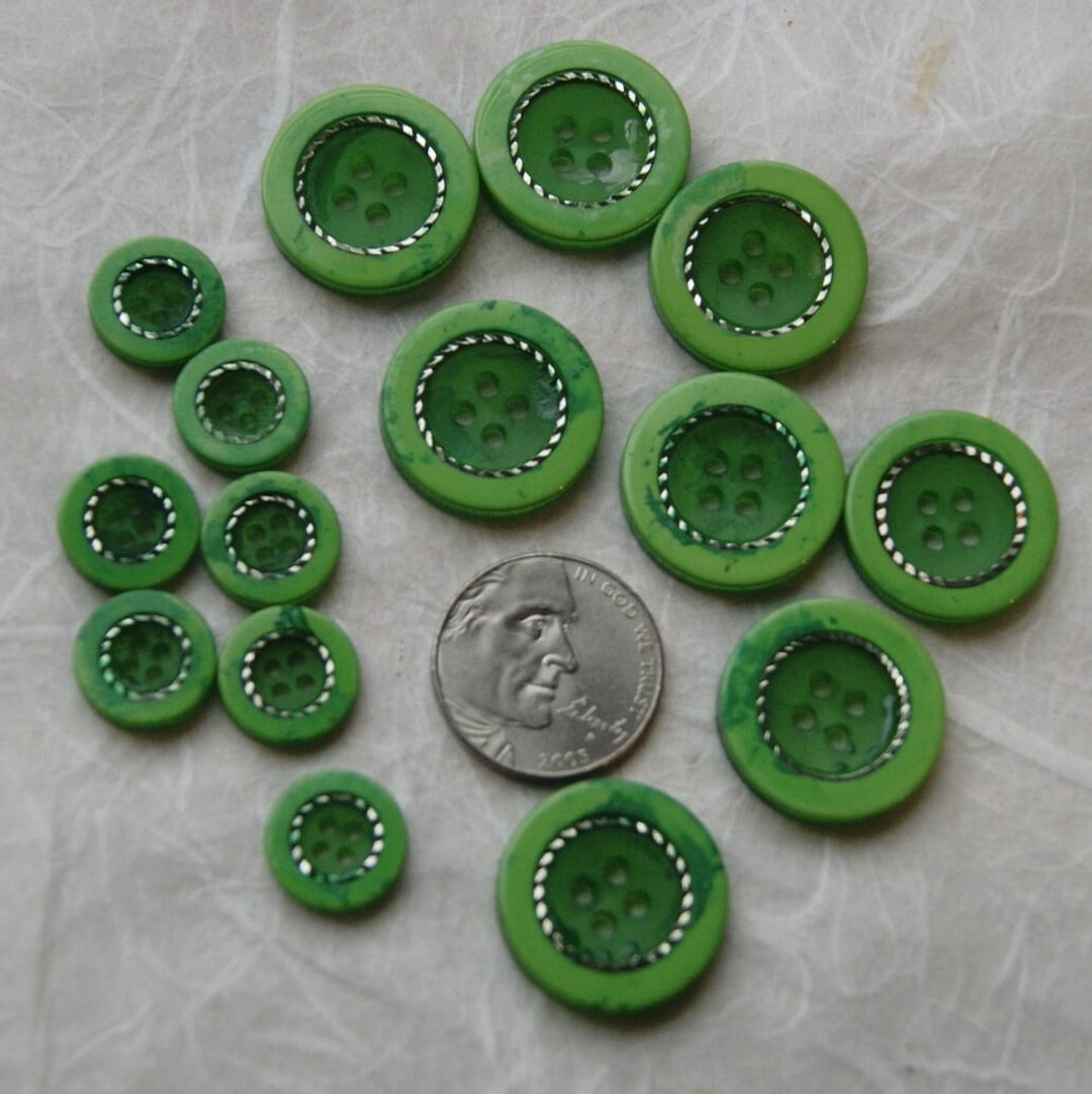 15 Buttons, Green Matching Buttons, 2 Sizes, Metal Inner Rim, Sewing ...