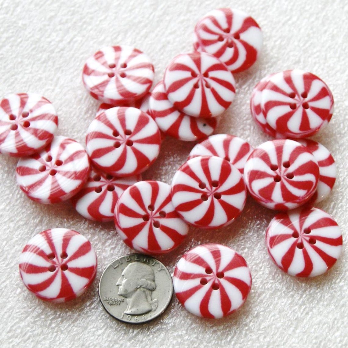 5 / 10 Buttons, 1" Red Peppermint Candy Look Matching Buttons, 4 Hole ...