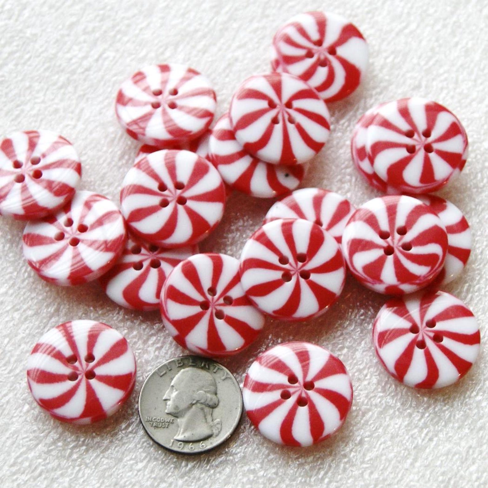 5 / 10 Buttons, 1" Red Peppermint Candy Look Matching Buttons, 4 Hole ...