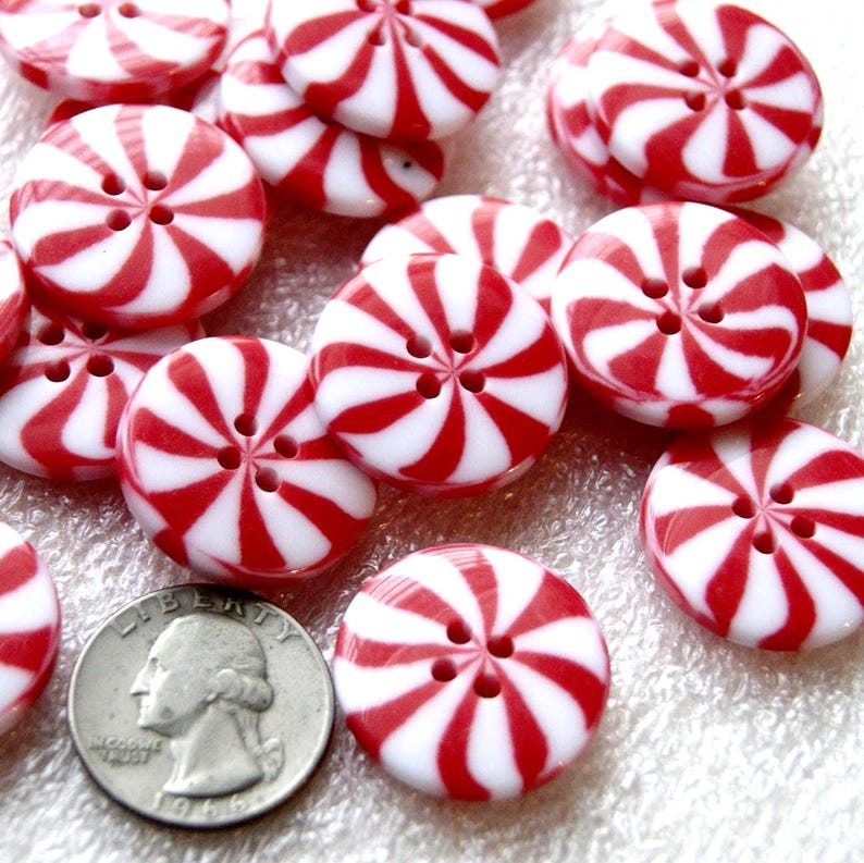 5 / 10 Buttons, 1" Red Peppermint Candy Look Matching Buttons, 4 Hole ...