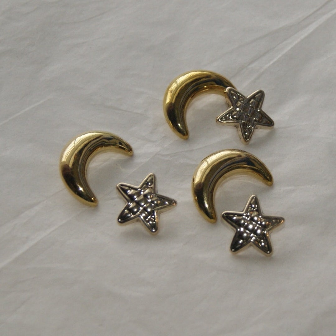 6 Gold Moon and Star Buttons, 3 Crescent Moons, 3 Quilted Stars, Moon ...
