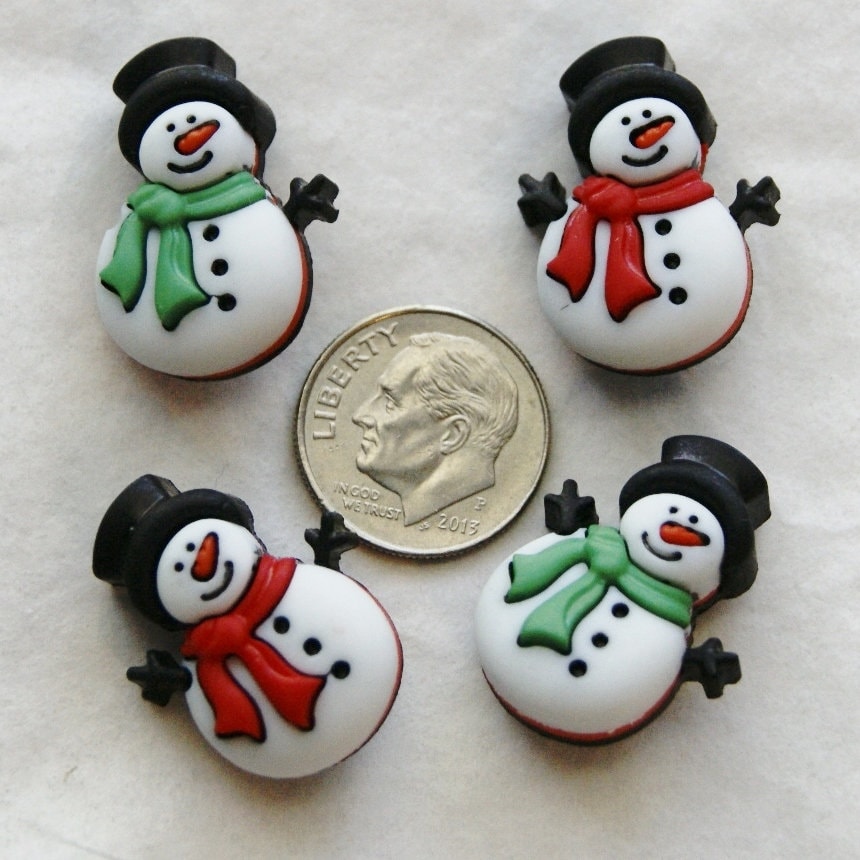 4 Snowman Buttons, Christmas Buttons, Red Green Scarf, Shank Back ...