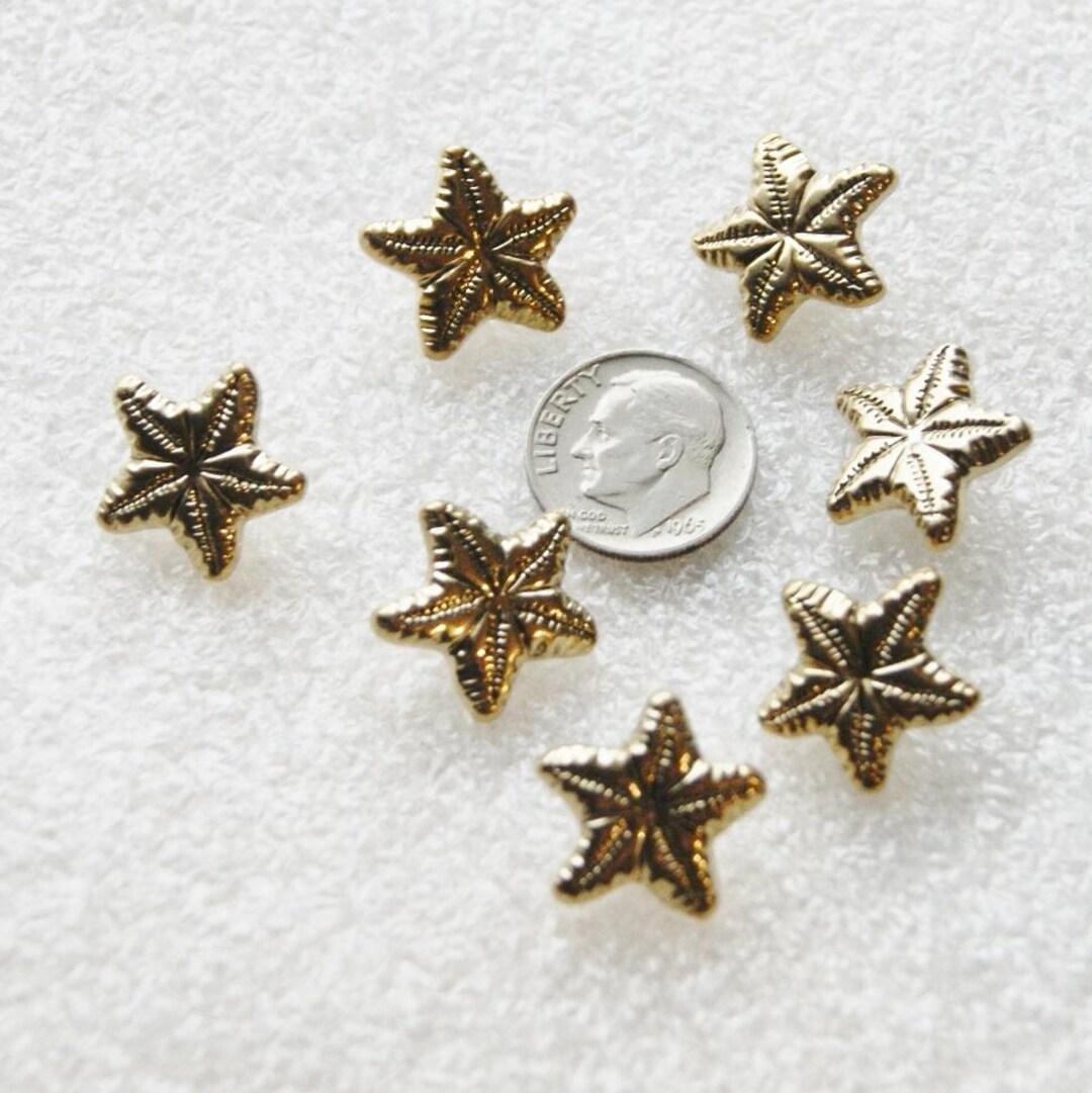 7 Gold Star Buttons, Starfish, 11/16" Gold Tone Shank Back Buttons ...