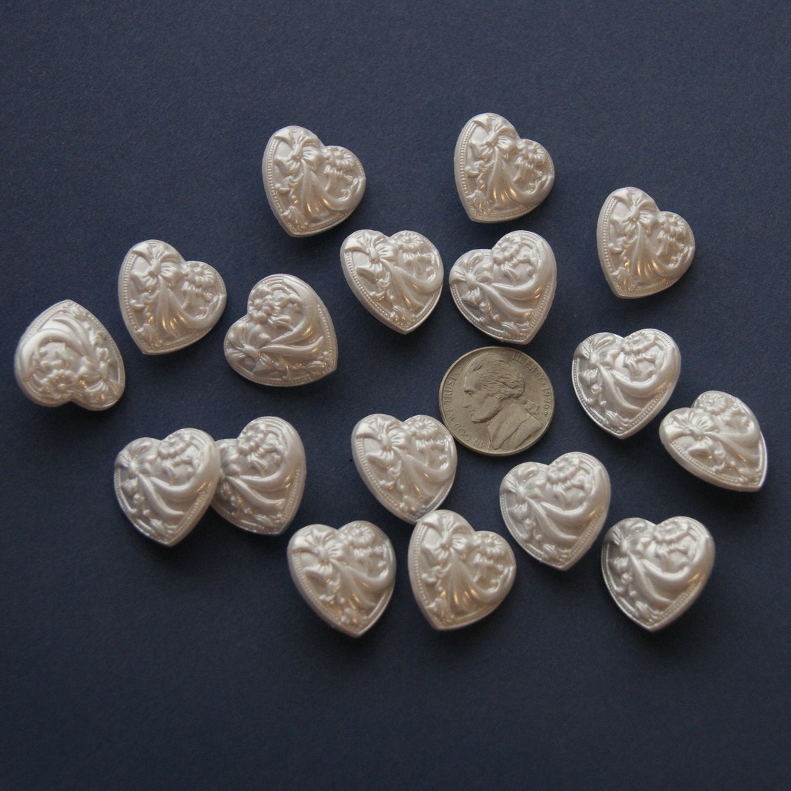 6 Heart Buttons, White, Bow Heart Buttons Shank Back , Vintage Look (AP ...