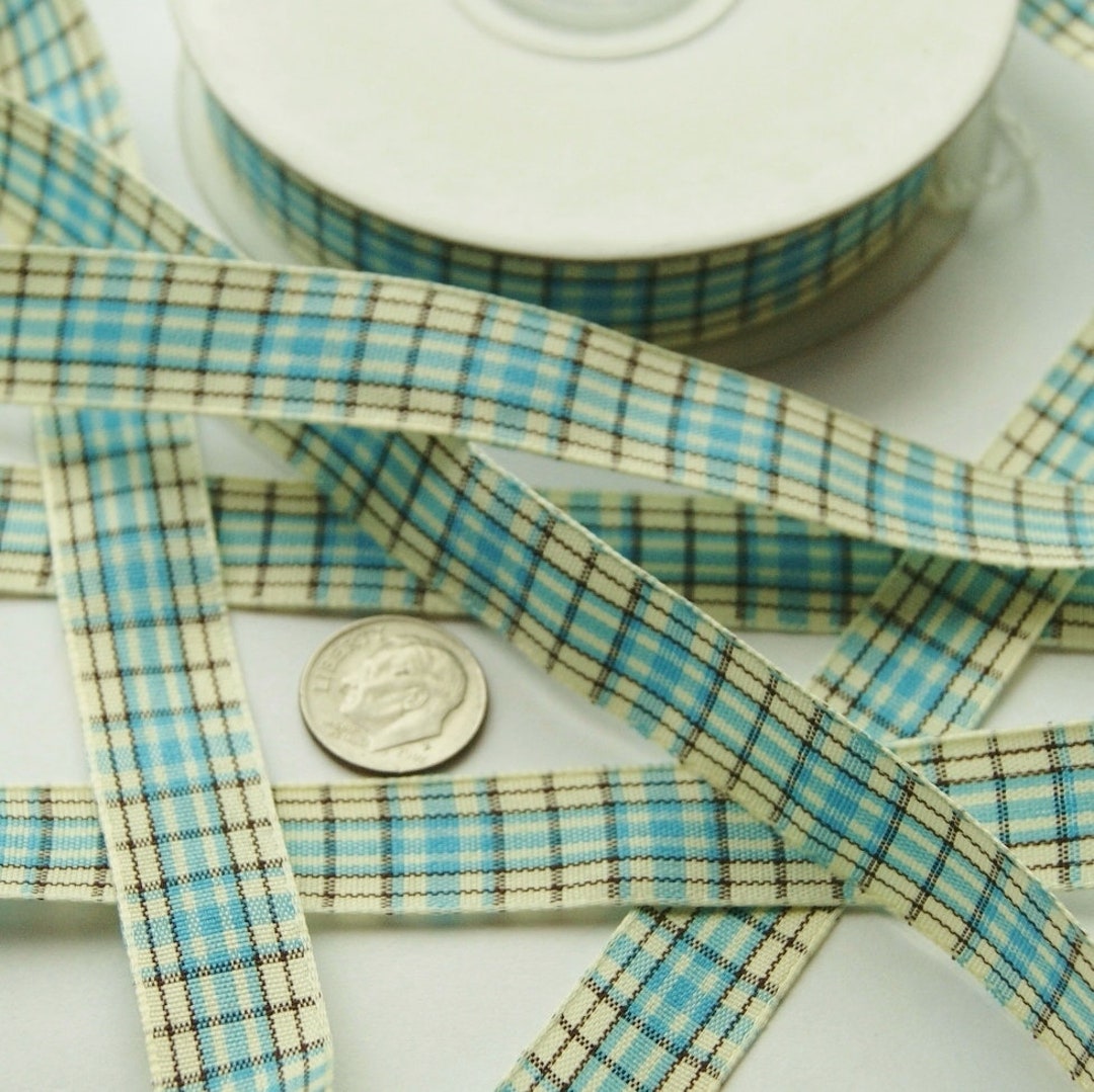5 Yards of 5/8 Inch, 15mm Turquoise Blue, Cream Gingham Plaid Ribbon ...