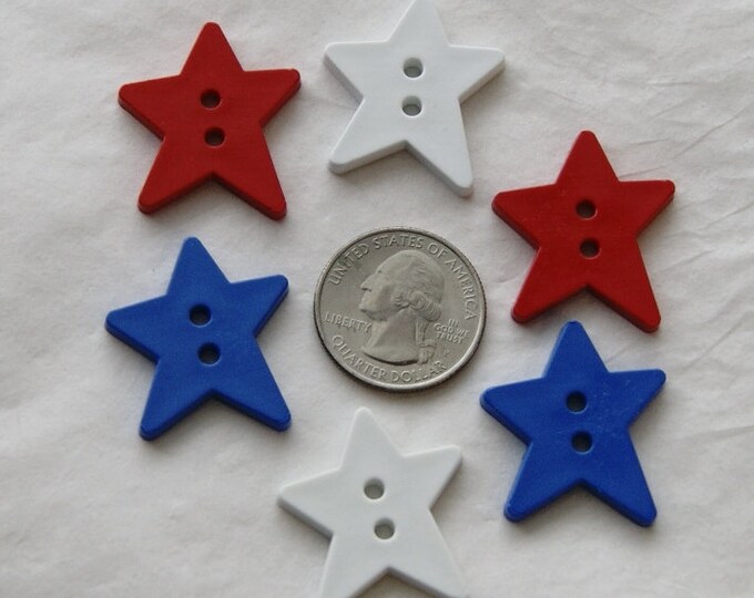 6 Star Buttons 1 1/4 Buttons Red White Blue Cartoon Stars Craft Sewing ...