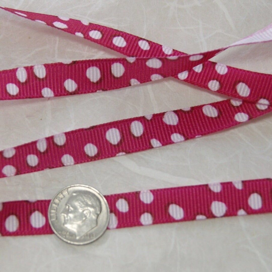 5 Yards Pink Ribbon, Hot Pink, Random White Spots, Grosgrain Ribbon 3/8 ...