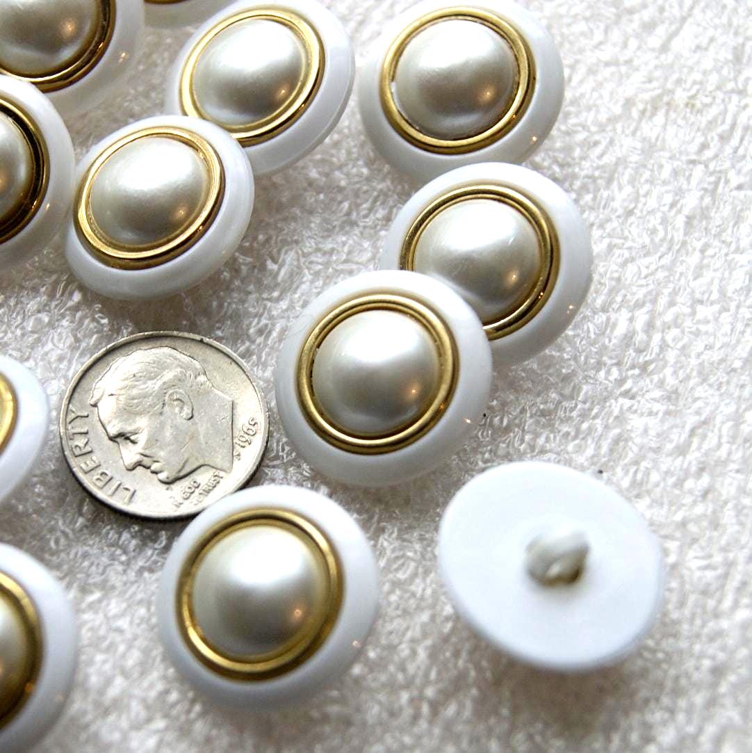 6 Buttons, White and Gold Shank Back Buttons, 11/16", Pop Faux Pearl ...