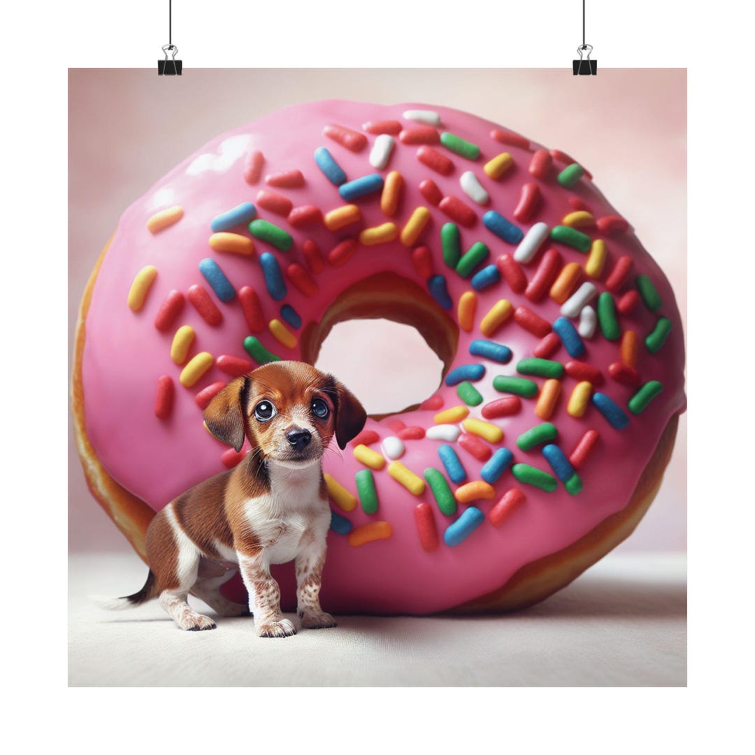Cute Dog and Donut Matte Poster, Animal Lover Wall Art, Playful Home ...