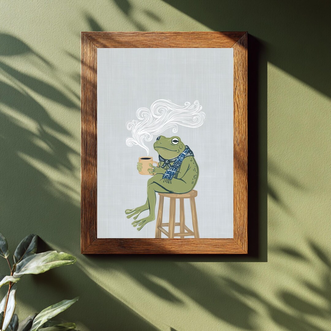 Frog Drinking Coffee Wall Art Cozy Frog Illustration Morning Coffee ...