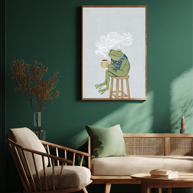 Frog Drinking Coffee Wall Art Cozy Frog Illustration Morning Coffee ...