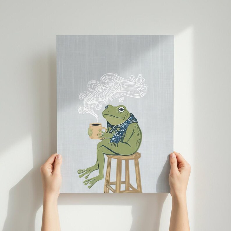 Frog Drinking Coffee Wall Art Cozy Frog Illustration Morning Coffee ...