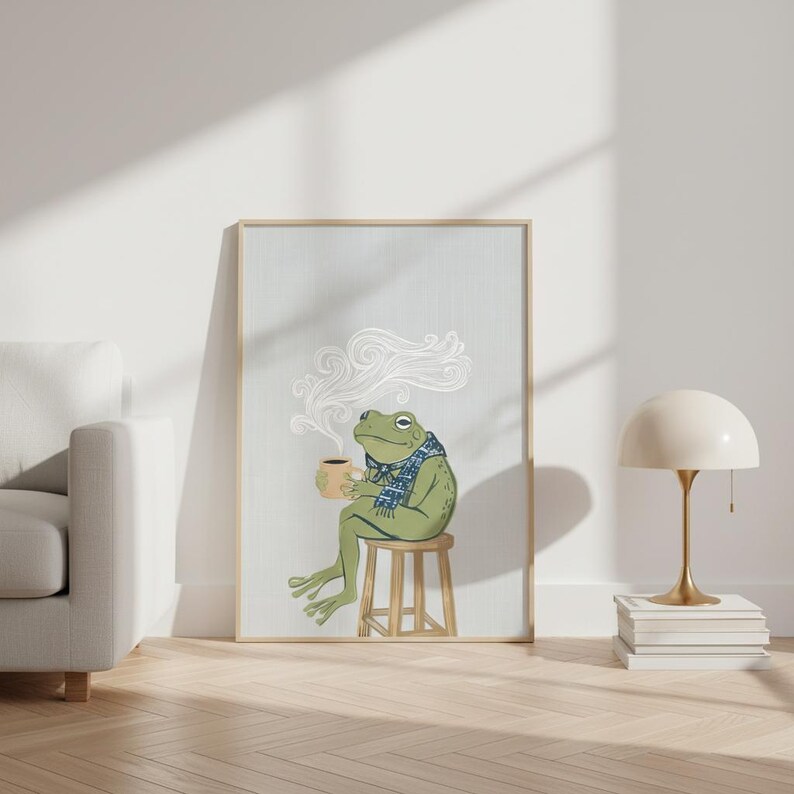 Frog Drinking Coffee Wall Art Cozy Frog Illustration Morning Coffee ...