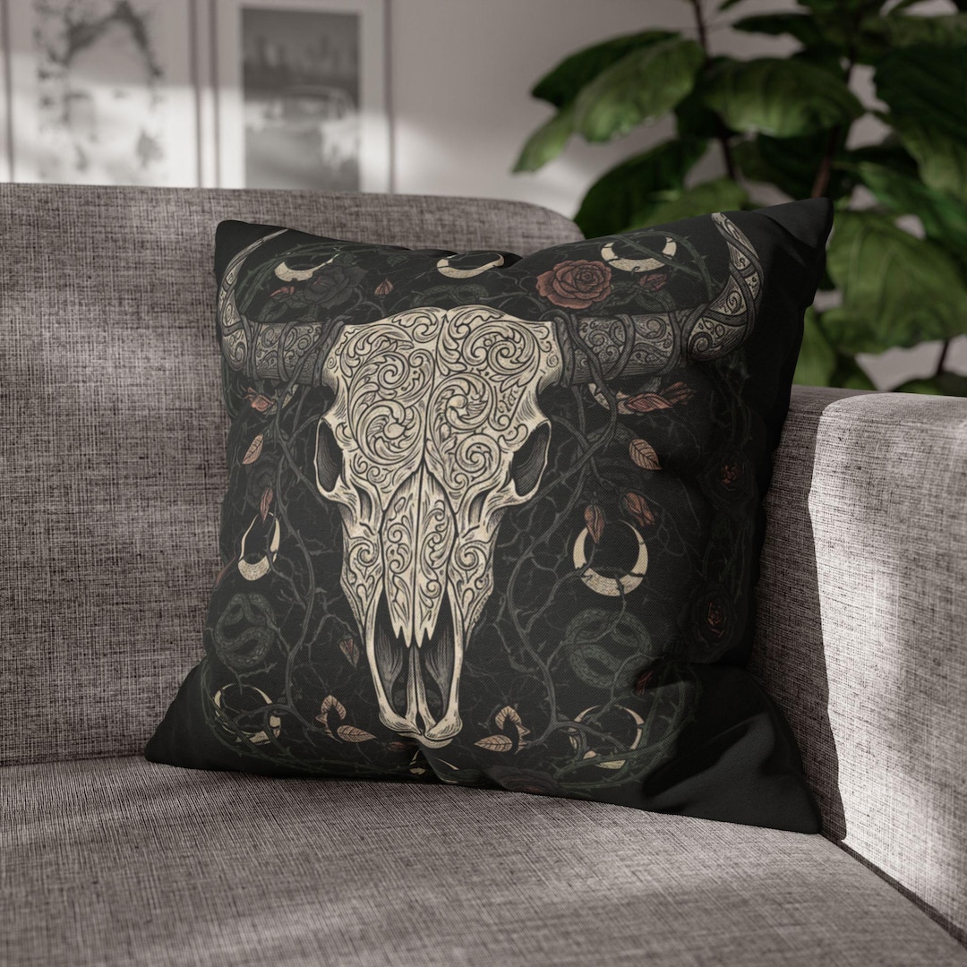 Occult Bull Skull Pillow Cover, Dark Wreath Goth Decor, Whimsigoth Moon ...