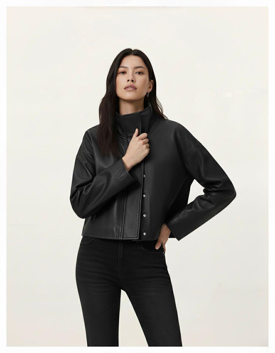 High Collar Black Leather Jacket for Women Handmade Minimalist Snap ...