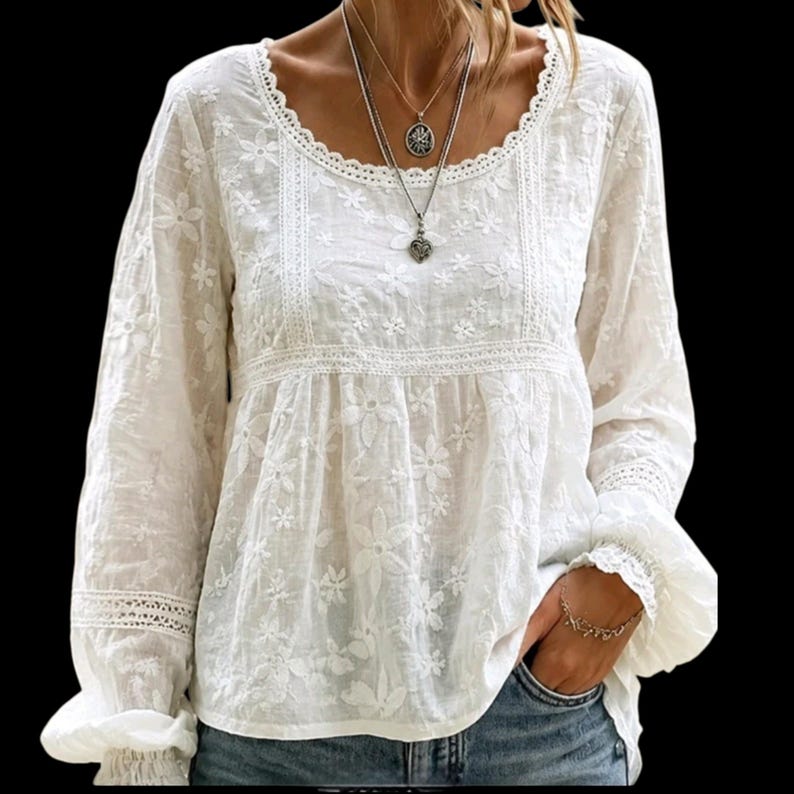 Women's Embroidered White Floral Boho Top With Lace Accents - Size XXL ...