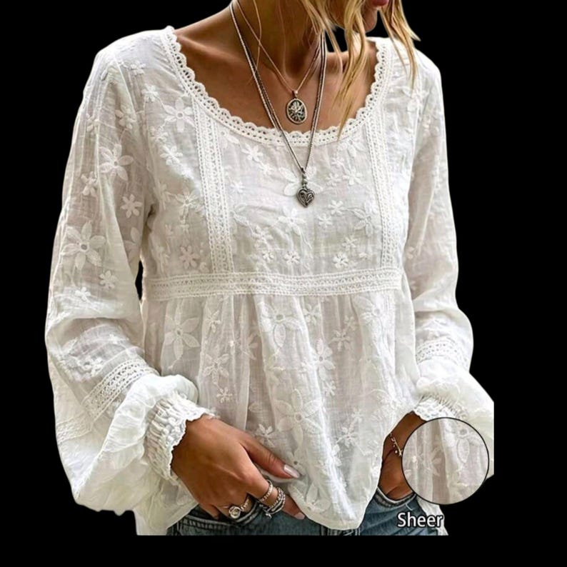 Women's Embroidered White Floral Boho Top With Lace Accents - Size XXL ...