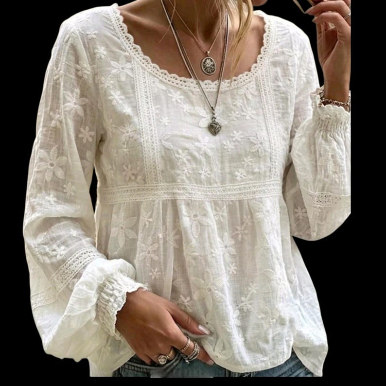 Women's Embroidered White Floral Boho Top With Lace Accents - Size XXL ...