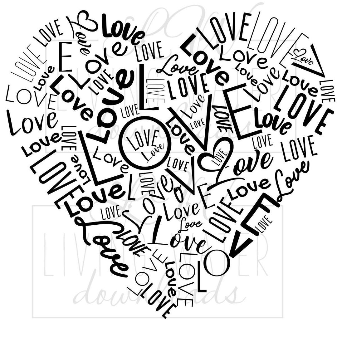 Love Word Art Heart: Valentine's Day Typography Design (PNG, JPEG, PDF ...