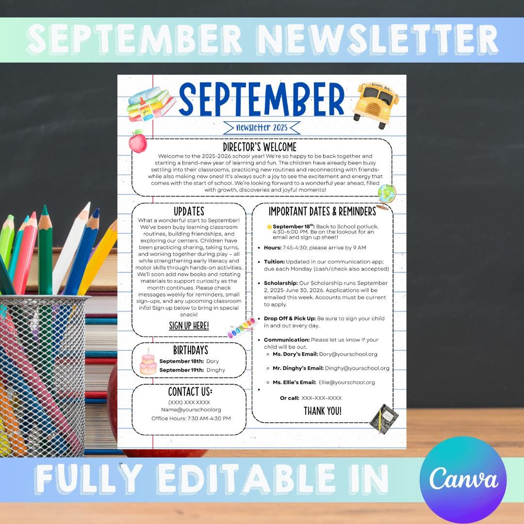 September Preschool Newsletter Template | Editable Canva Newsletter ...