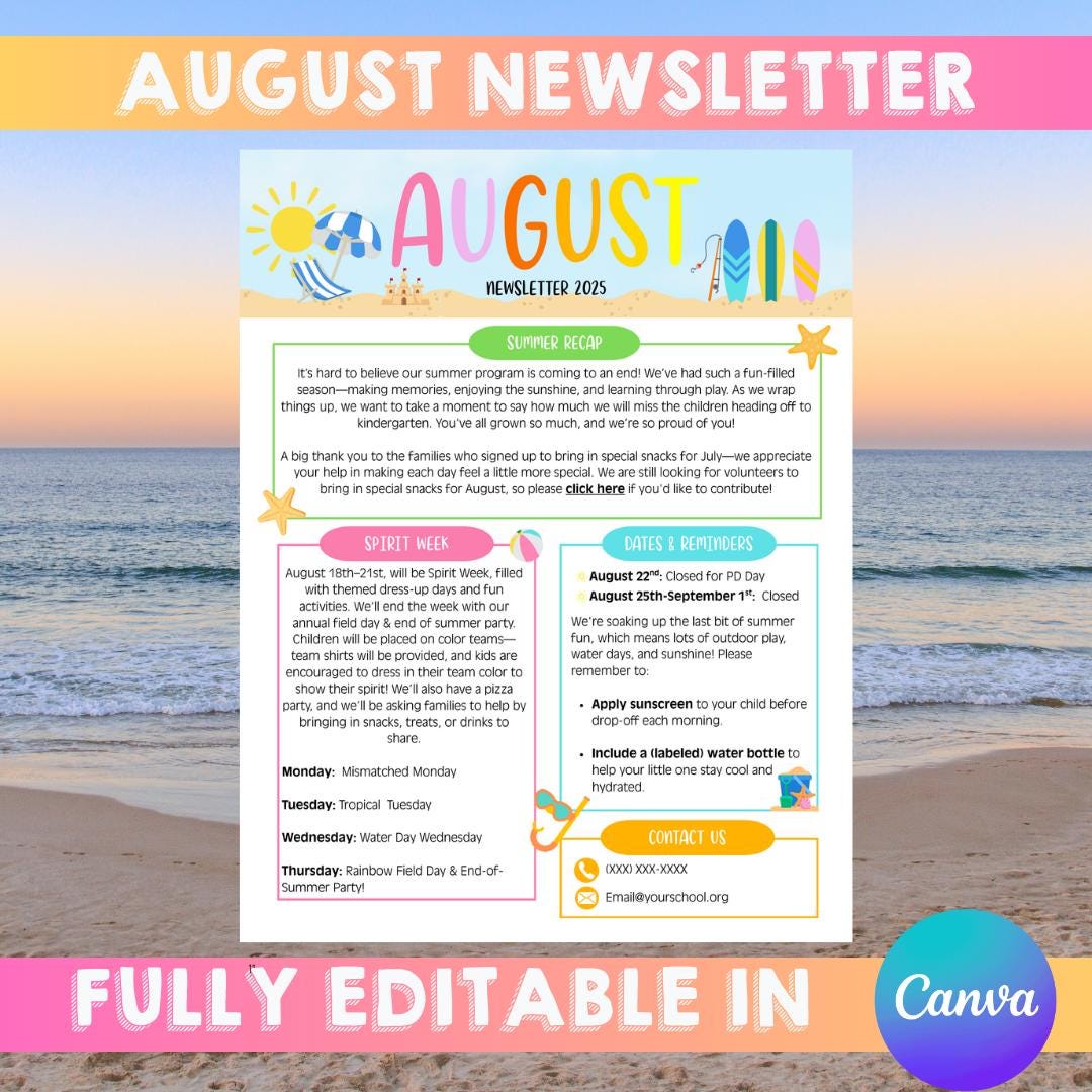 August Editable Template: PTO, PTA, Newsletter, Flyer, School Handout ...