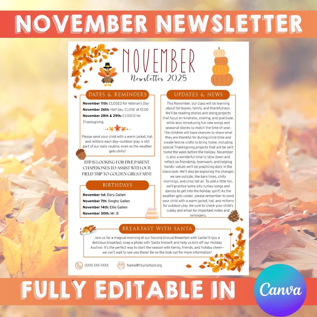 November Editable Template: PTO, PTA, Newsletter, Flyer, School Handout ...