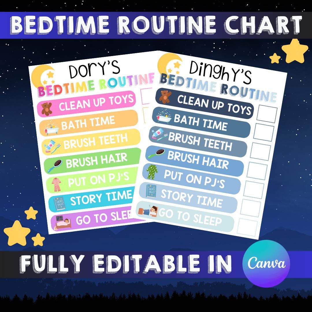 Kid's Bedtime Routine Chart: Editable, Printable, Visual Schedule for ...