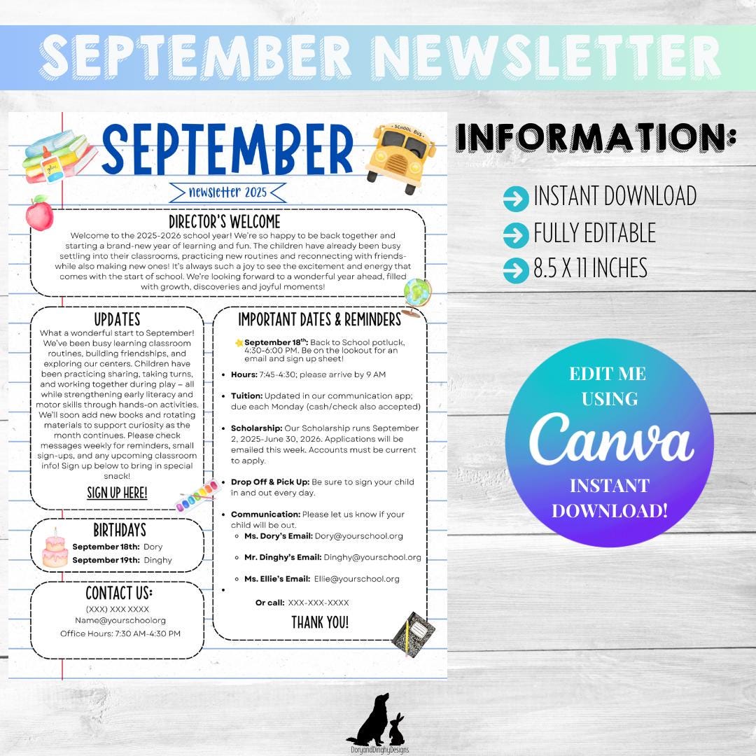 September Preschool Newsletter Template | Editable Canva Newsletter ...